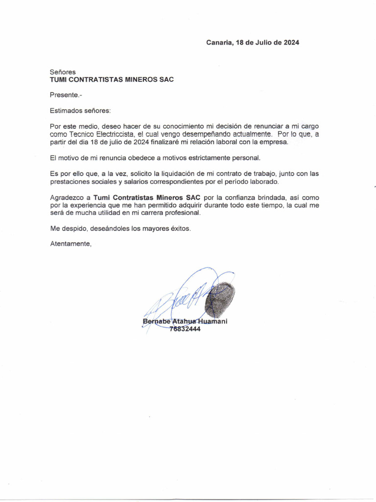 Carta de Renuncia - Bernabe | PDF