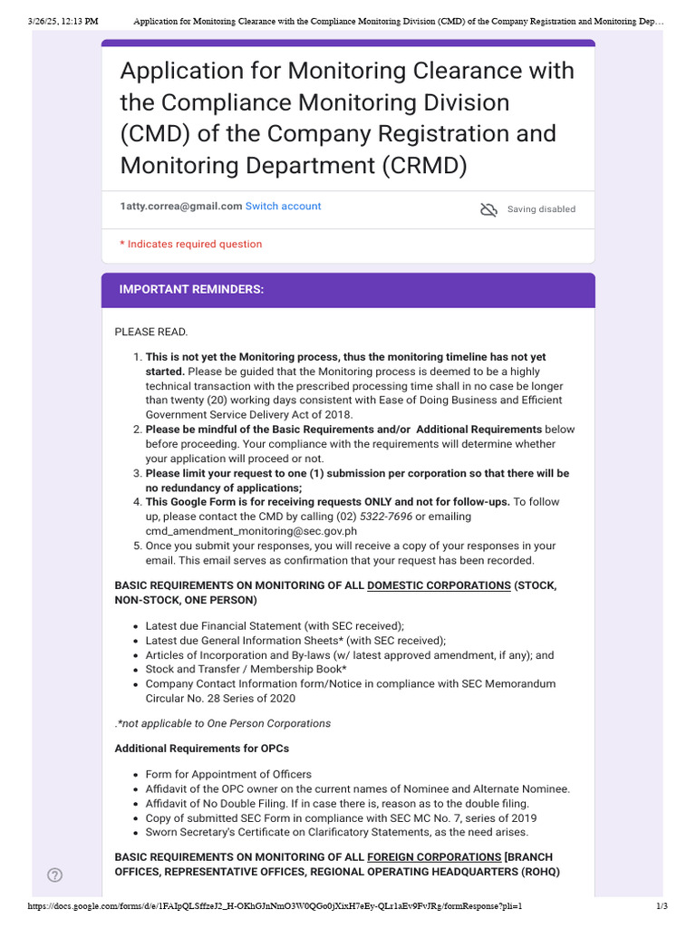 Application For Monitoring Clearance With The Compliance Monitoring ...