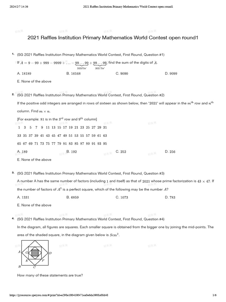 2021 Raffles Institution Primary Mathematics World Contest Open Round1 ...
