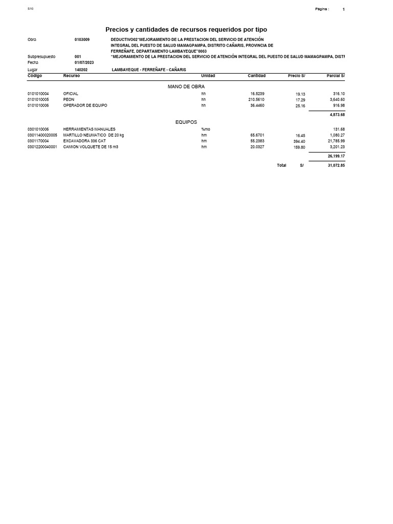 ADI01 - A13 - Precioparticularinsumotipovtipo2 - Deductivo de Obra N° 01 - OK | PDF
