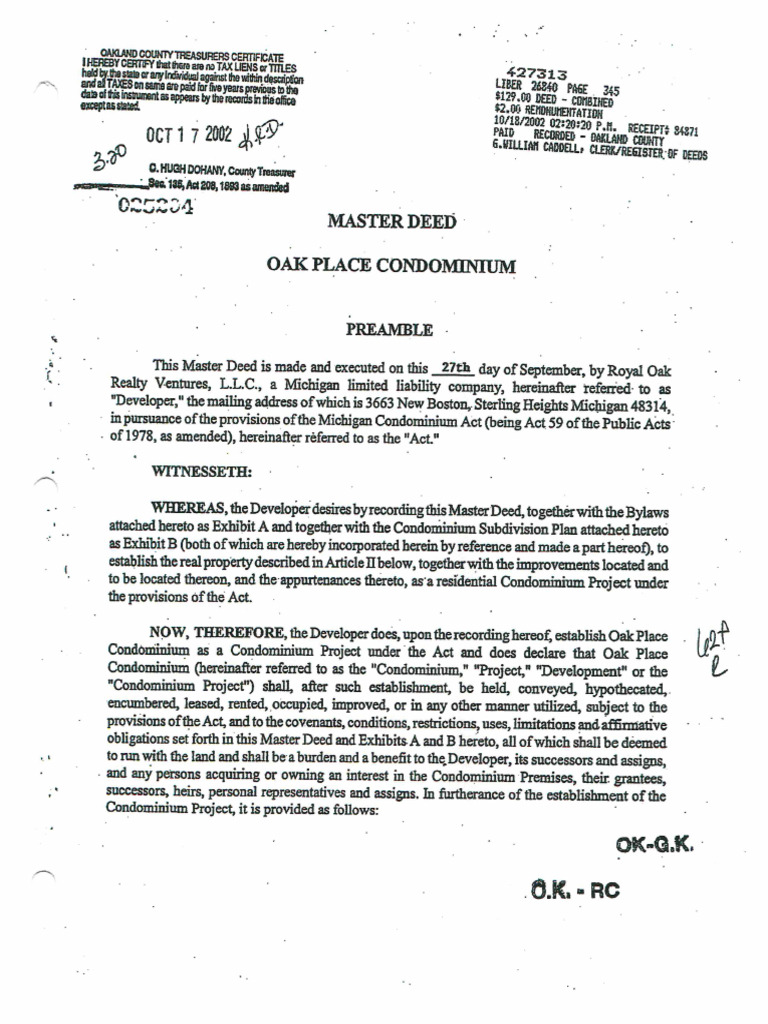 Oak Place Master Deed | PDF