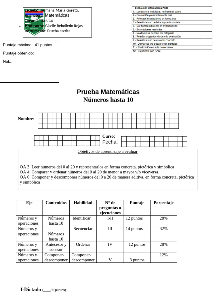 Prueba de Matemáticas: Números hasta 10 | PDF | Aprendizaje