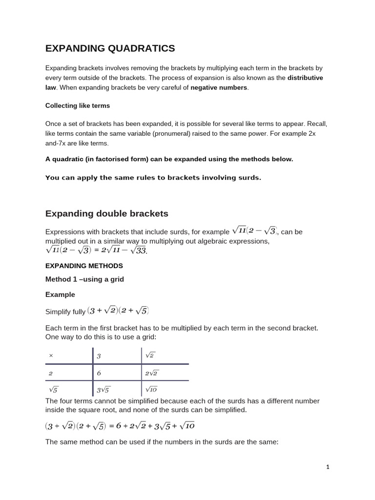 QUADRATICS - Expanding Part 1 Explained | PDF | Square Root | Quadratic Equation
