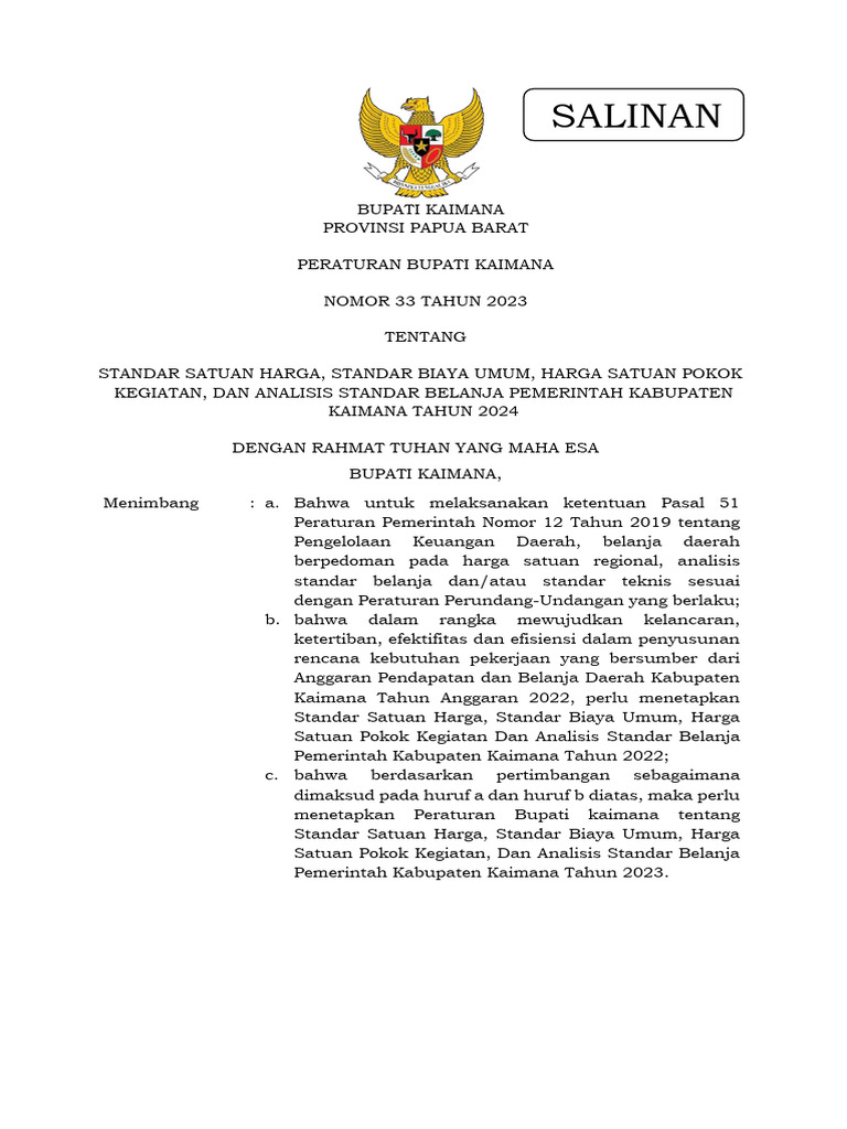 Perbup No 33 Standar Satuan Harga | PDF