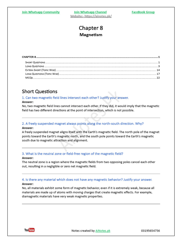 Chapter 8 (Magnetism) Class 9 Physics FBSIE 2025 | PDF | Magnetism | Magnet