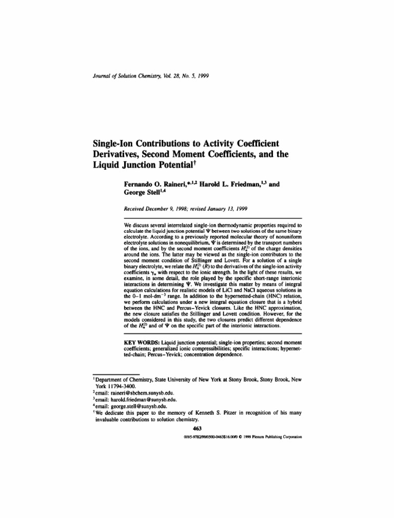 Single-Ion Contributions To Activity Coefficient Derivatives Second ...