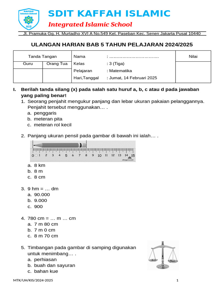 UH MTK - Pengukuran Panjang, Berat, Luas dan Volume - Smt 2 | PDF