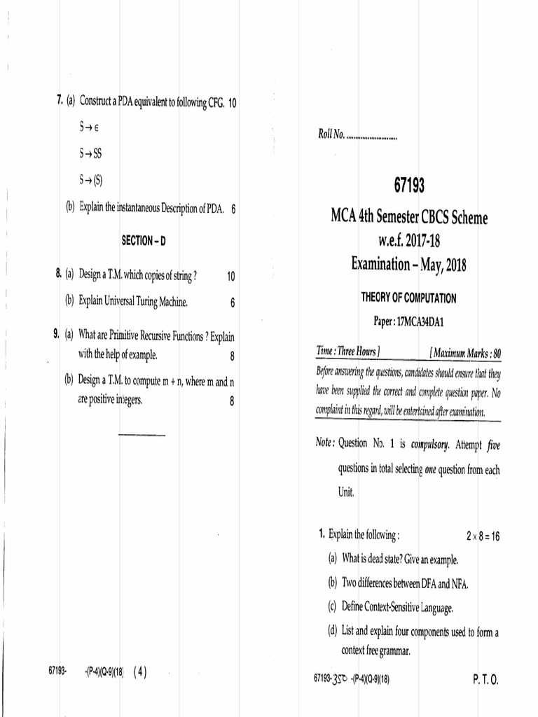 Mca 4 Sem Theory of Computation 67193 May 2018 | PDF