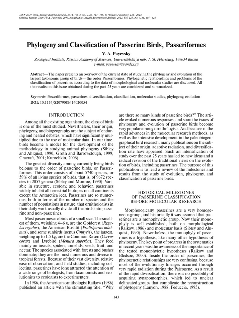Phylogeny and Classification of Passerine Birds Payevsky Reg | PDF ...