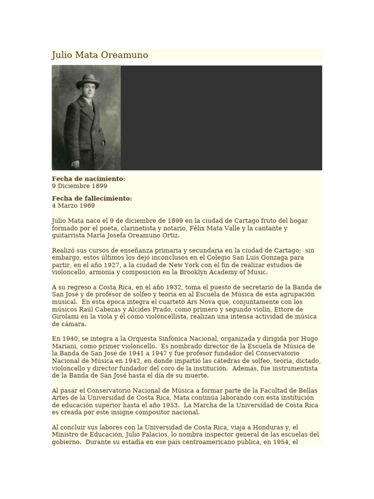 Vida y obra de Julio Mata Oreamuno | PDF | Las artes escénicas ...