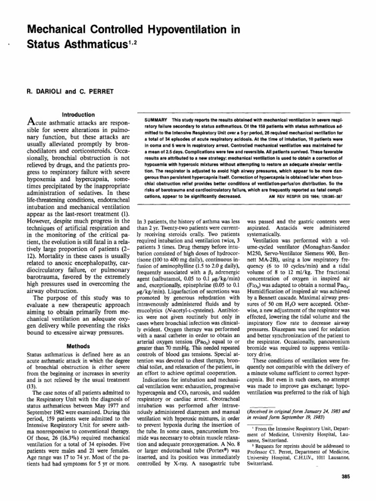 ARRD 1984 DARIOLI PERRET VM ASMA Hipercapnia Permissiva | PDF | Medicine | Respiration