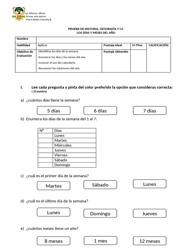 Guía de Aprendizaje DIAS Y MESES DEL AÑO | PDF