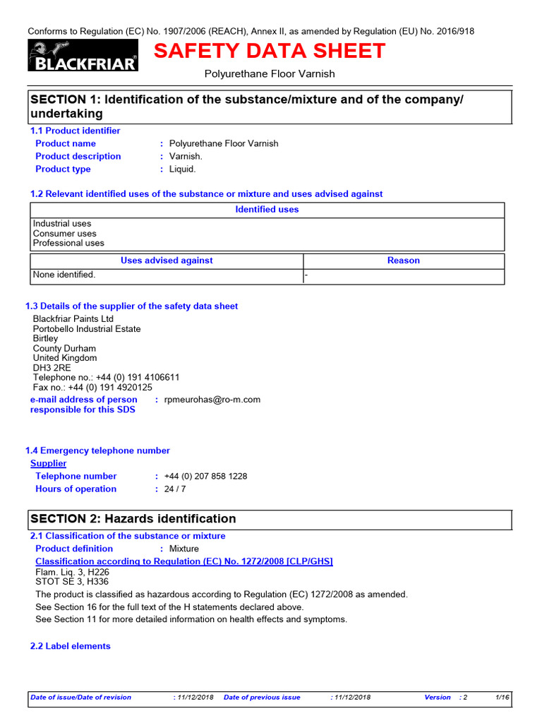 Polyurethane Floor Varnish Safety Data | PDF | Chemistry | Occupational ...