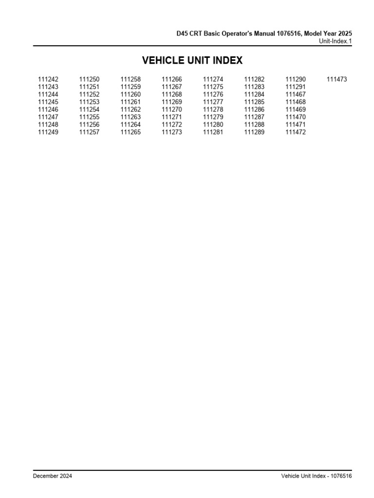 D45 CRT Operator's Manual 2025 Index | PDF | Elevator | Exhaust Gas