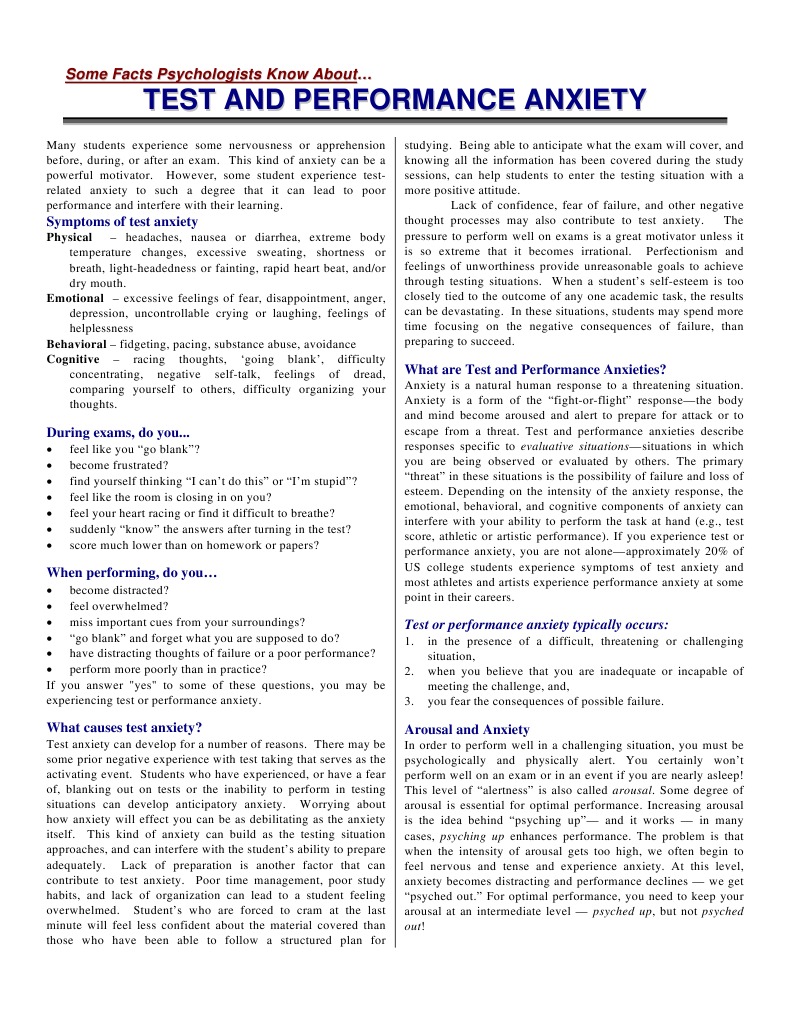 Test Anxiety Handout | Anxiety | Fear