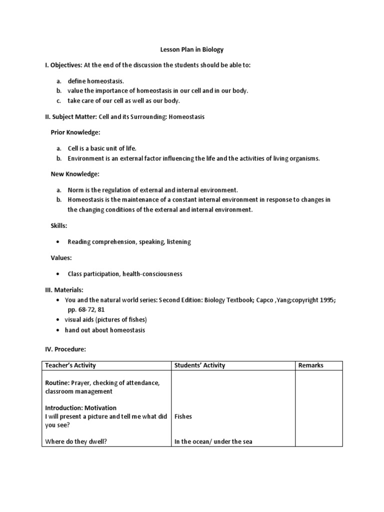 Lesson Plan in Biology | Download Free PDF | Homeostasis | Steady State