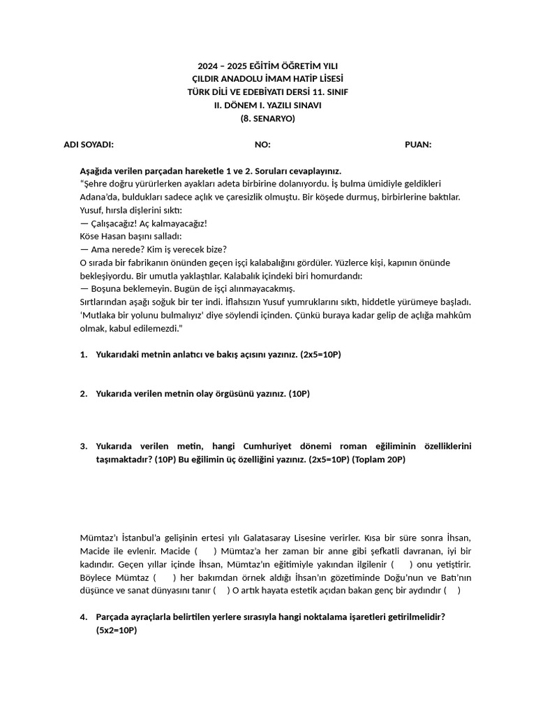 11. Sinif Yazili Sinavi | PDF