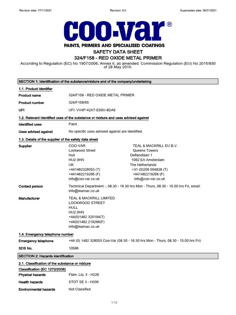 Coo-Var Red Oxide Metal Primer SDS | PDF | Toxicity | Environmental Science