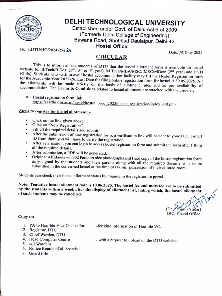 CIRCULAR - Hostel Registration Forms 2025-26 | PDF