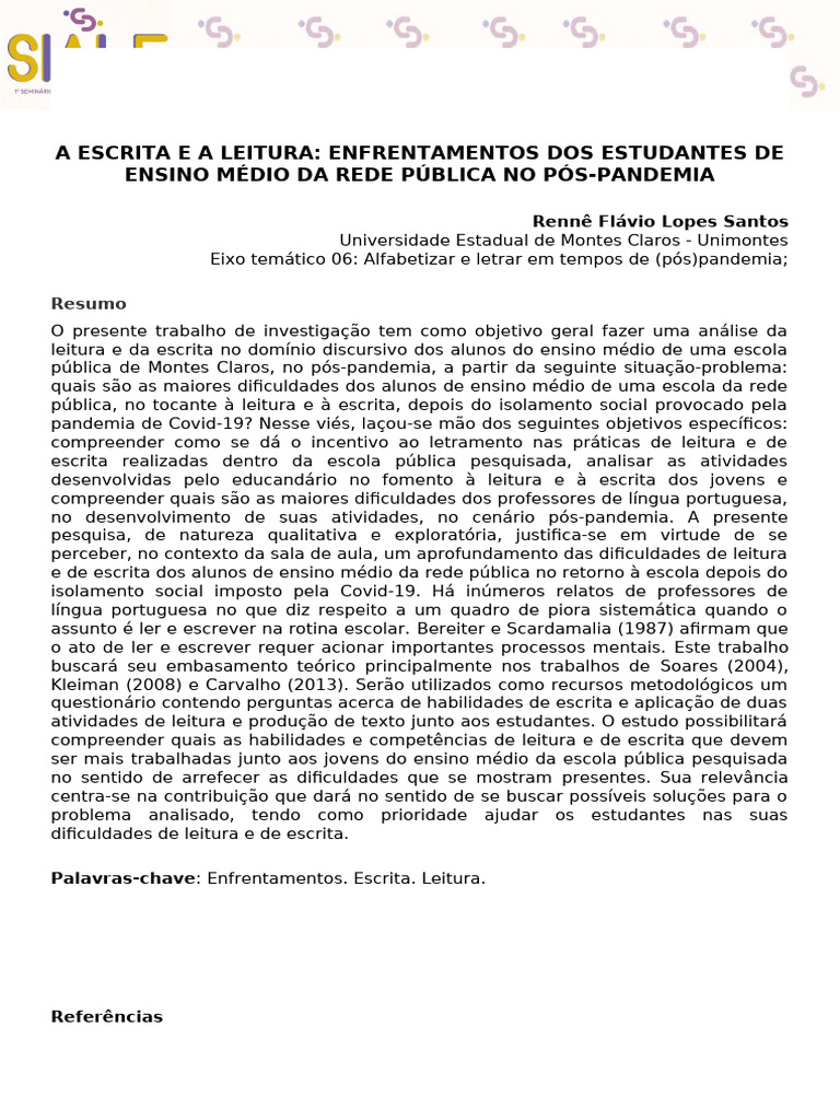 Resumo - I Siale 2023 | PDF | Alfabetização | Escolas