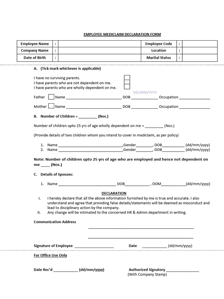 10A. Mediclaim Declaration Form | PDF