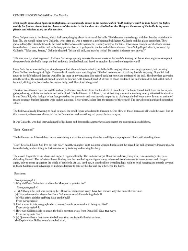 COMPREHENSION PASSAGE On The Matador | PDF | Bull | Bullfighting