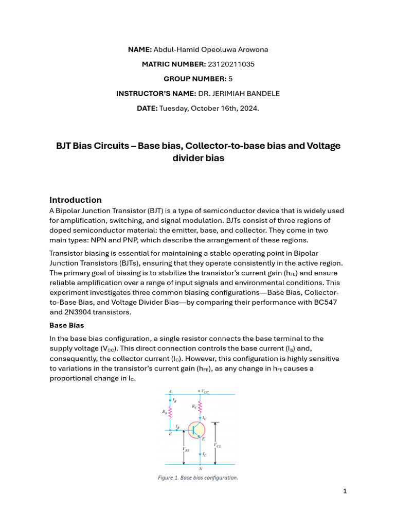 Analogue Lab 1: BJT Bias Circuits | PDF | Bipolar Junction Transistor ...