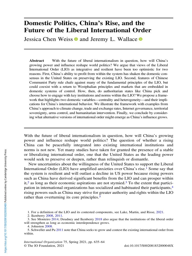 Domestic Politics Chinas Rise and The Future of The Liberal ...