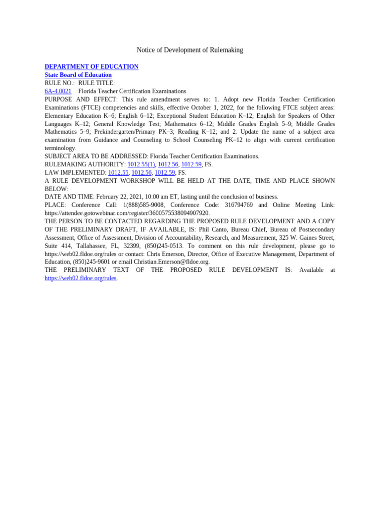 Department of Education State Board of Education: Notice of Development of Rulemaking | PDF