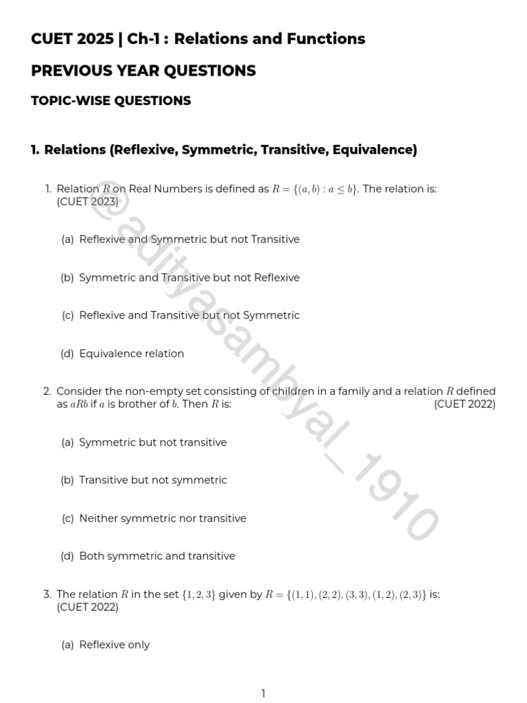 Ch-1 Relations and Functions CUET PYQ's | PDF | Function (Mathematics) | Mathematical Objects
