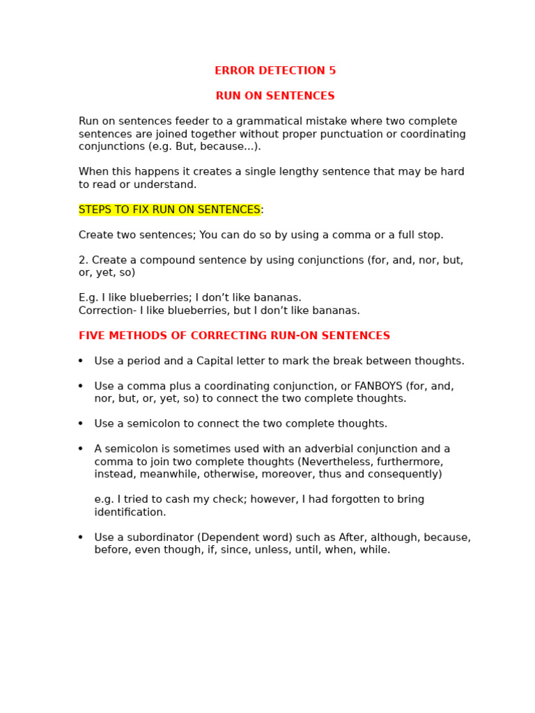 Error Detection 5 - Run on Sentences | PDF