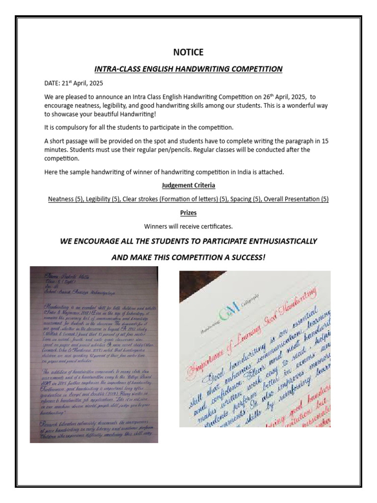 NOTICE Handwriting Comeptition For Students | PDF