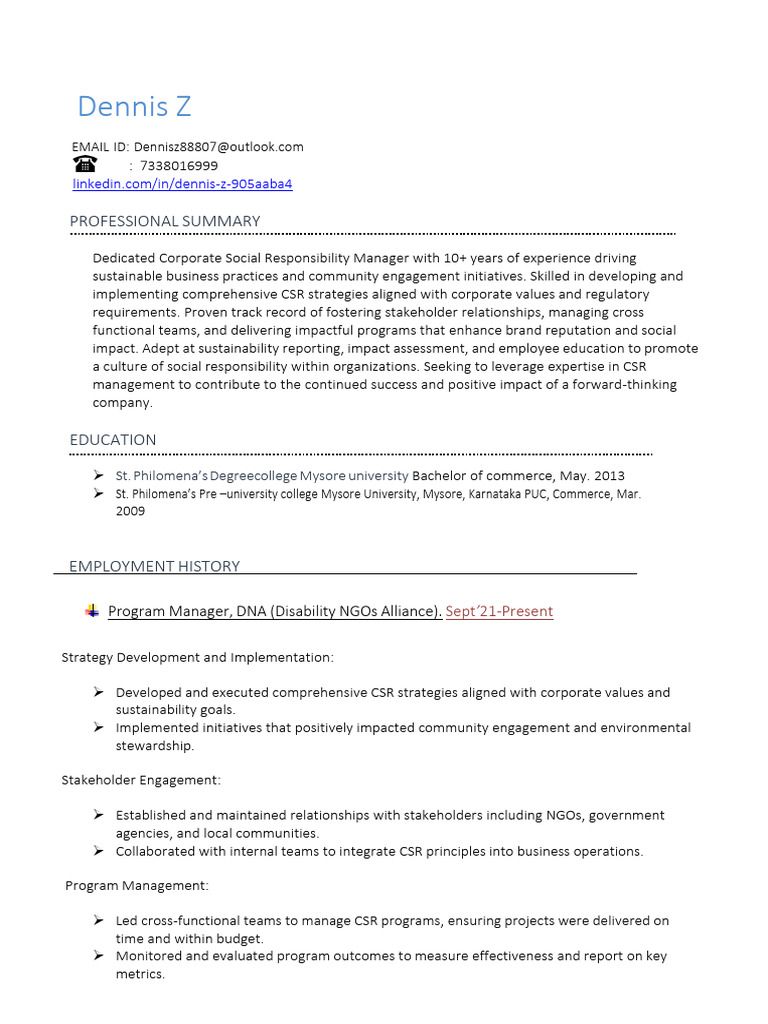 Corporate Social Responsibility Manager Resume | PDF | Corporate Social ...