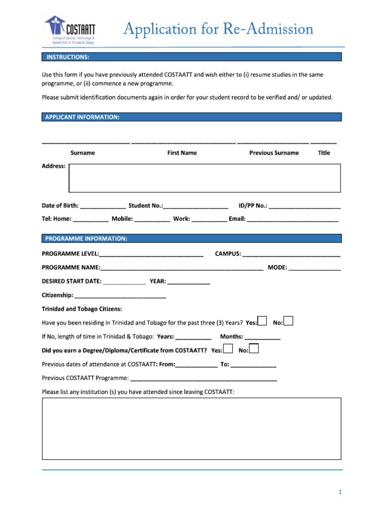 Application for Re Admission Fillable | PDF