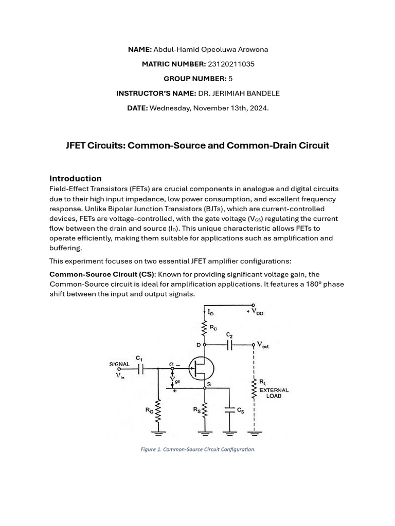 Analogue Lab 4: JFET Circuits | PDF | Amplifier | Field Effect Transistor