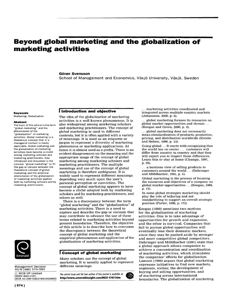 Beyond Global Marketing and The Globalization of Marketing Activities | PDF