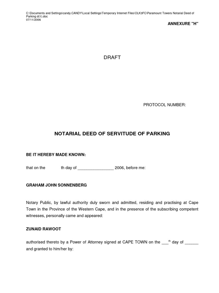 DRAFT NOTARIAL DEED OF SERVITUDE OF PARKING | PDF | Power Of Attorney ...