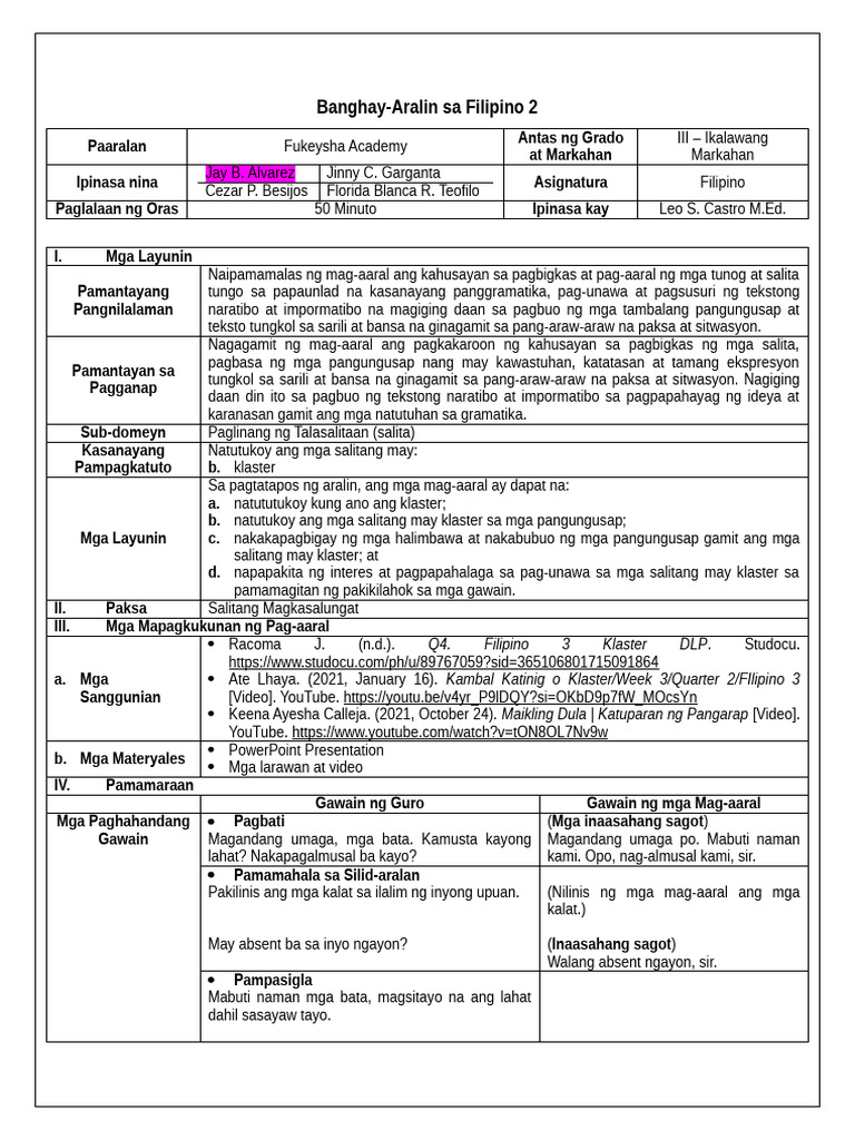 Banghay Aralin Sa Filipino Dula | PDF