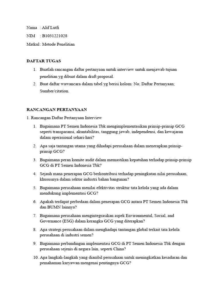 Daftar Pertanyaan Kualitatif Metopen | PDF