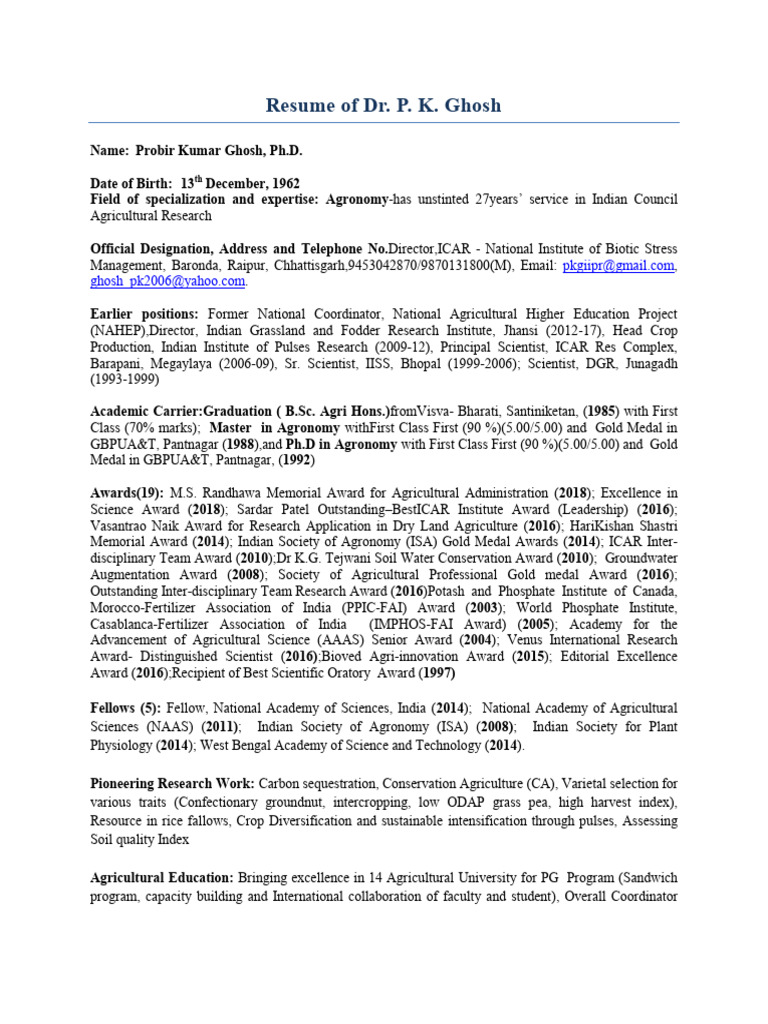 Dr.P.K.ghosh Director NIBSM CV | PDF | Agriculture | Legume