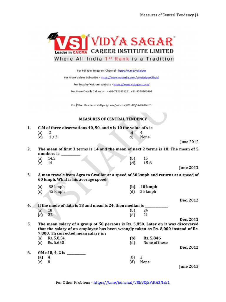 Measures of Central Tendency - 1 | PDF | Arithmetic Mean | Mean