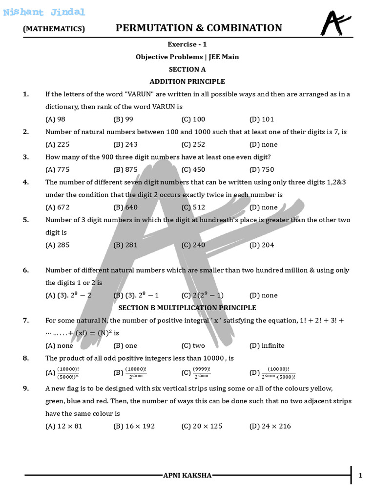 Sheet - 01 - Permutation & Combination NJ - 247 | PDF | Permutation | Mathematics