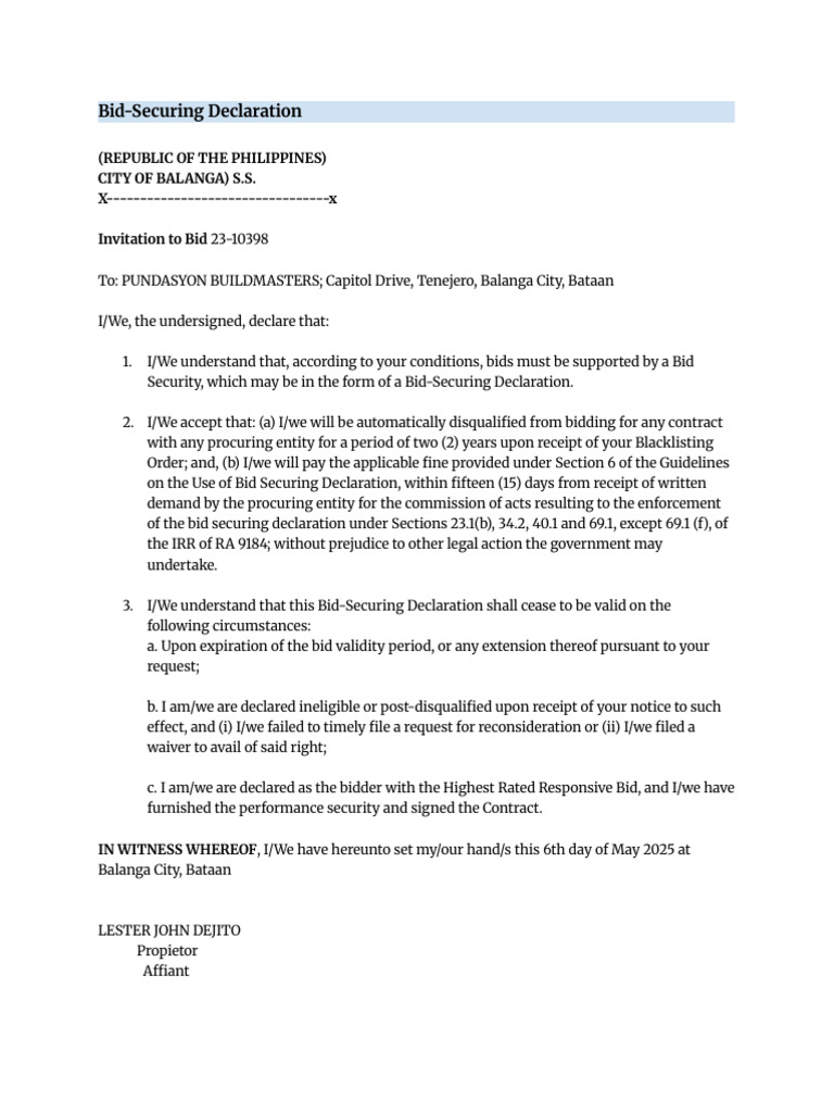 Bid-Securing Declaration | PDF | Affidavit | Justice