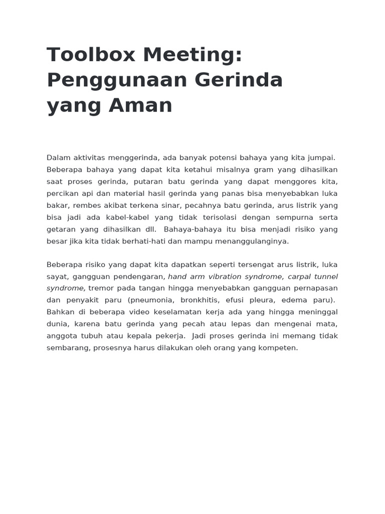 Matery Safety Talk - Penggunaan Gerinda Yang Aman | PDF