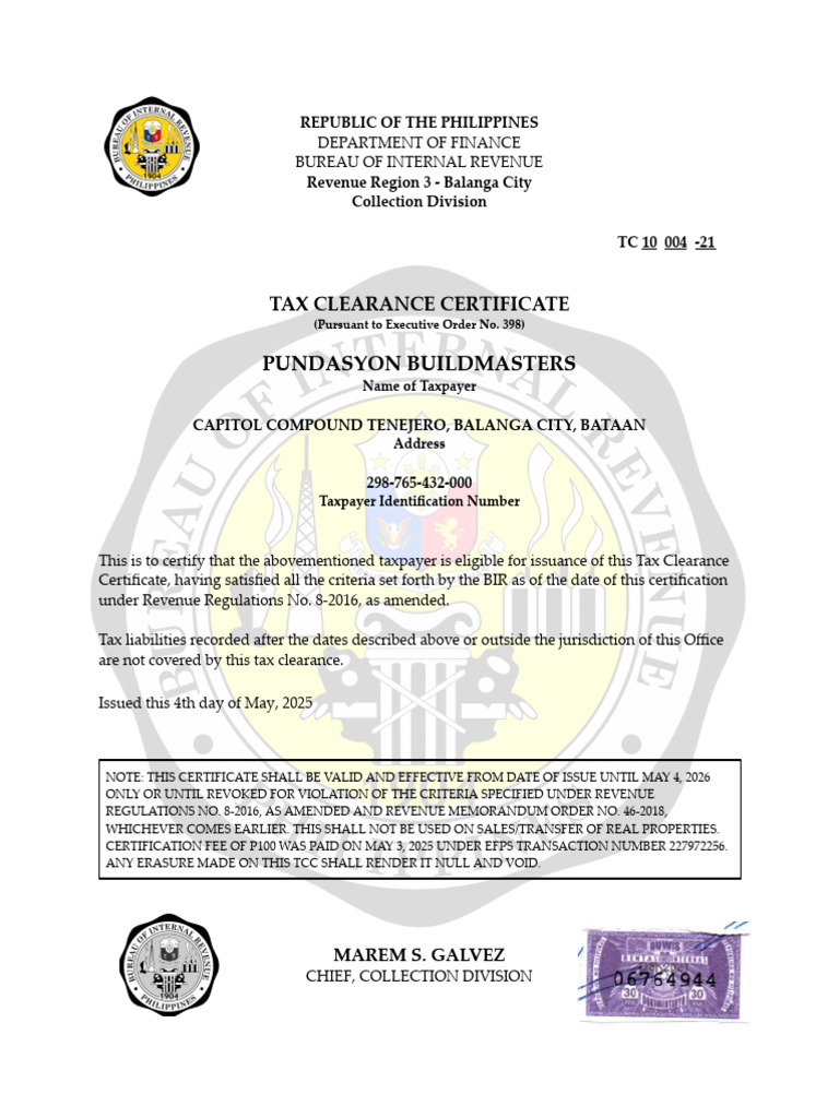 SAMPLE BIR CERTIFICATION | PDF