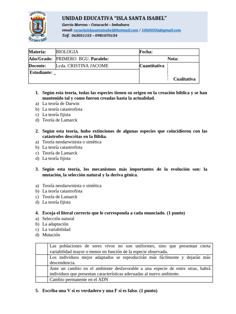 Evaluacion Bio Ter TR | PDF | Seleccion natural | Evolución