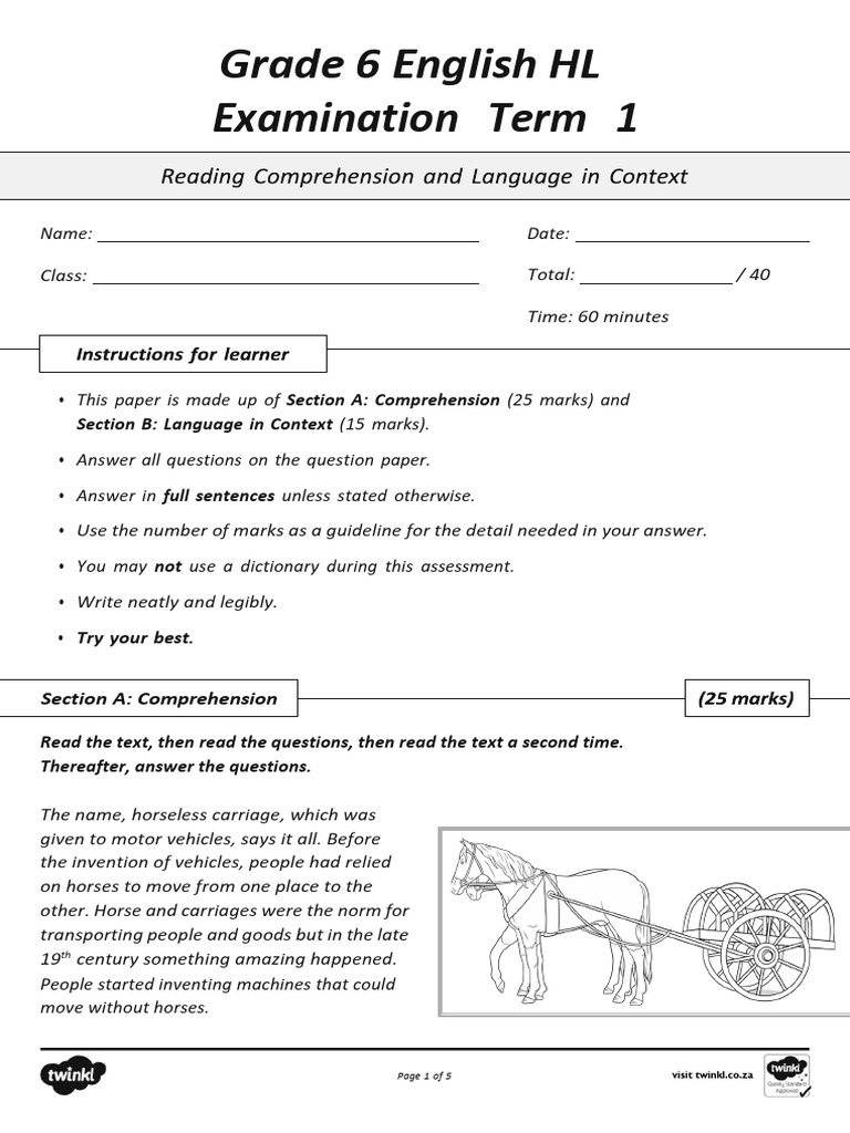 Grade 6 English Term 1 Exam Paper | PDF | Car | Linguistics