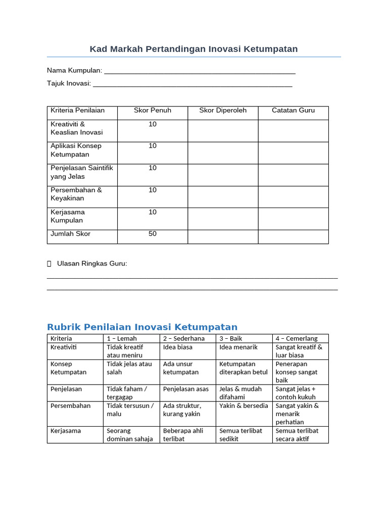 Kad Markah Pertandingan Inovasi Ketumpatan | PDF
