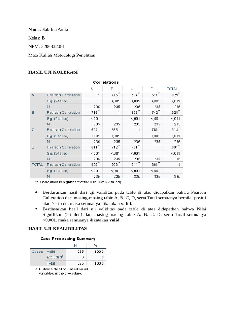 PR Uji Validitas Dan Reabilitas | PDF