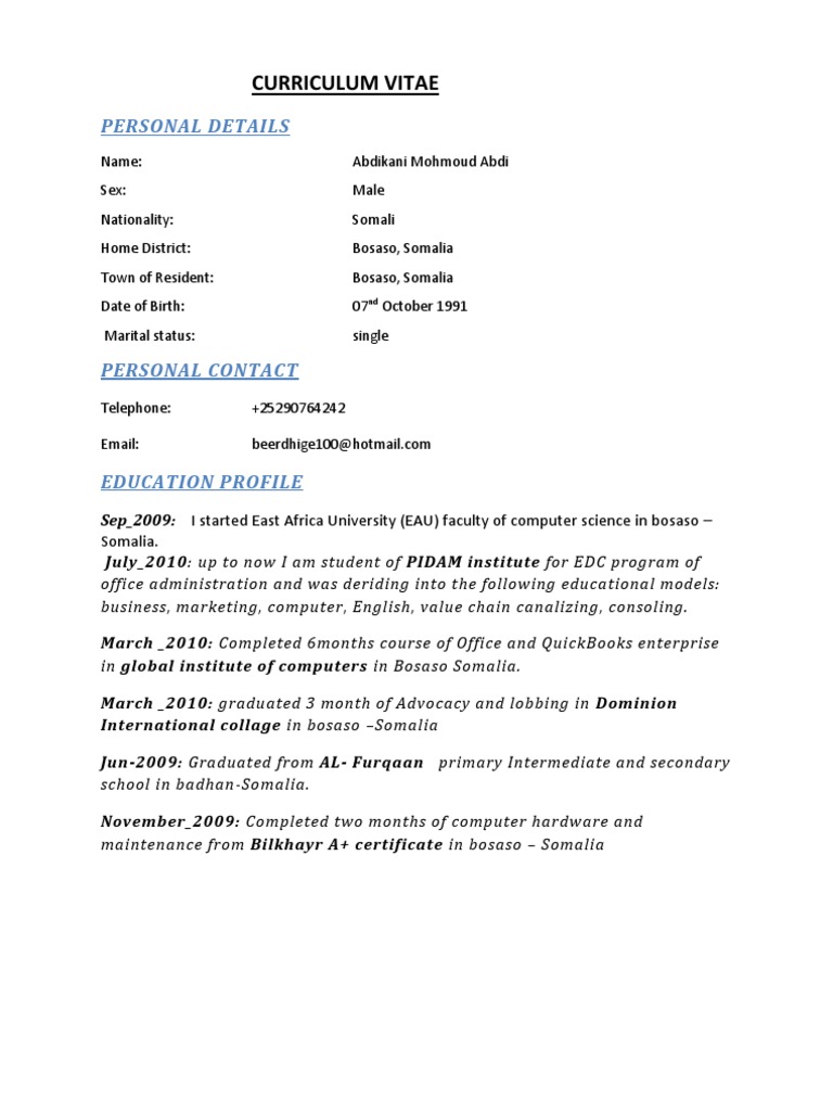 Abdikani CV | PDF | Somalia | Students